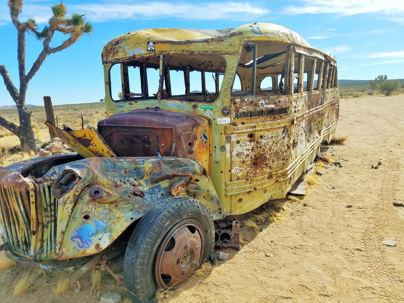 Mojave Road Abandoned School Bus and Car